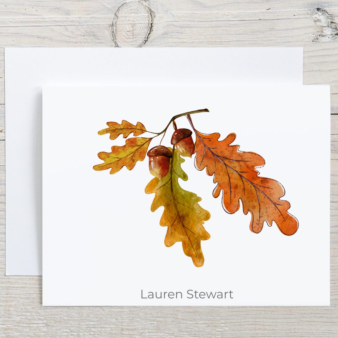 Autumn Leaves Custom Note Cards, Watercolor Acorns and Fall Foliage ...