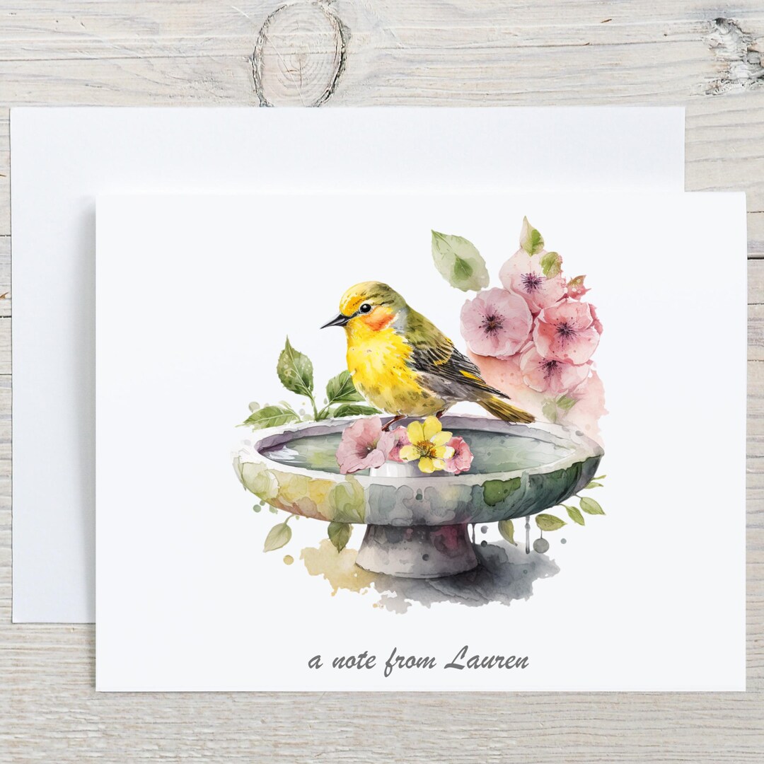 Bird Bath Custom Stationary Note Cards Set, Spring Garden Bird Folded ...