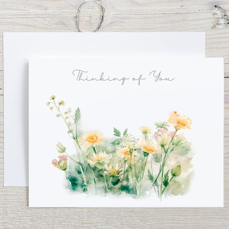 Thinking of You Note Cards, Personalized Watercolor Flowers Stationary ...