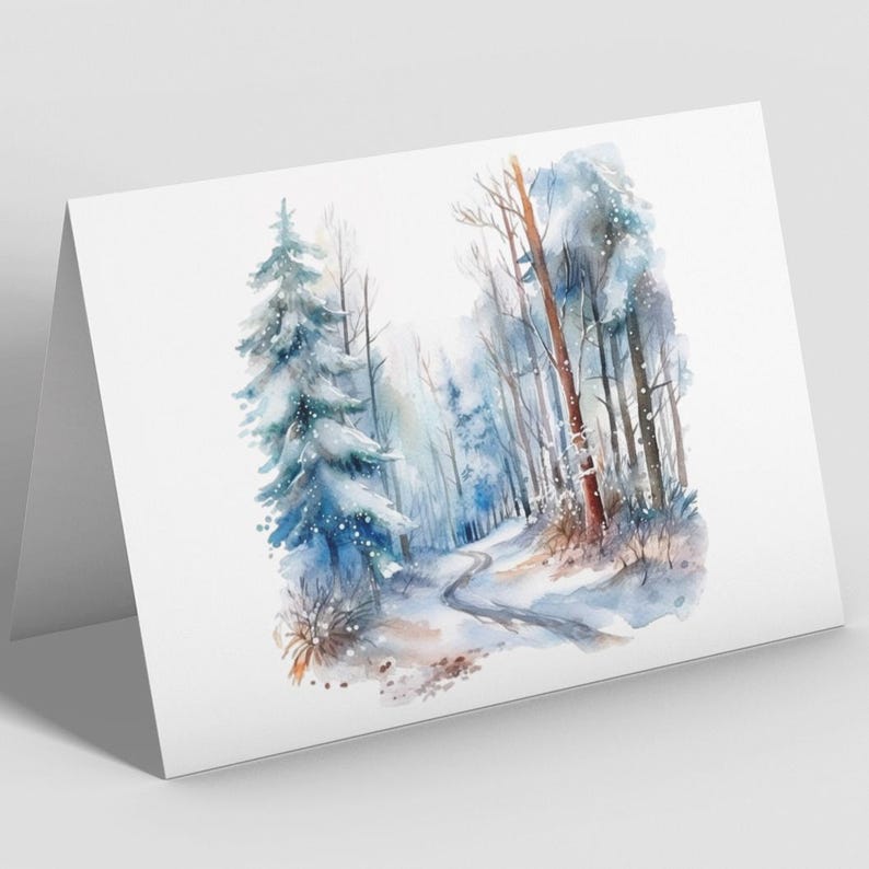 Winter Woodland Note Cards, Watercolor Pine Trees Stationary Set, Blank ...
