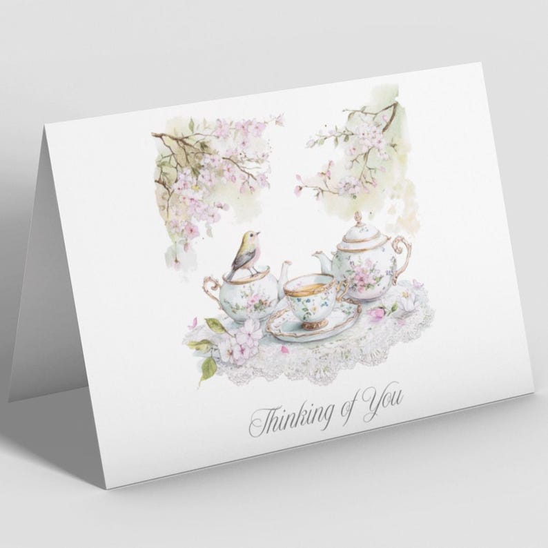 Vintage Tea Set Note Cards, Cherry Blossom Stationery for Her ...