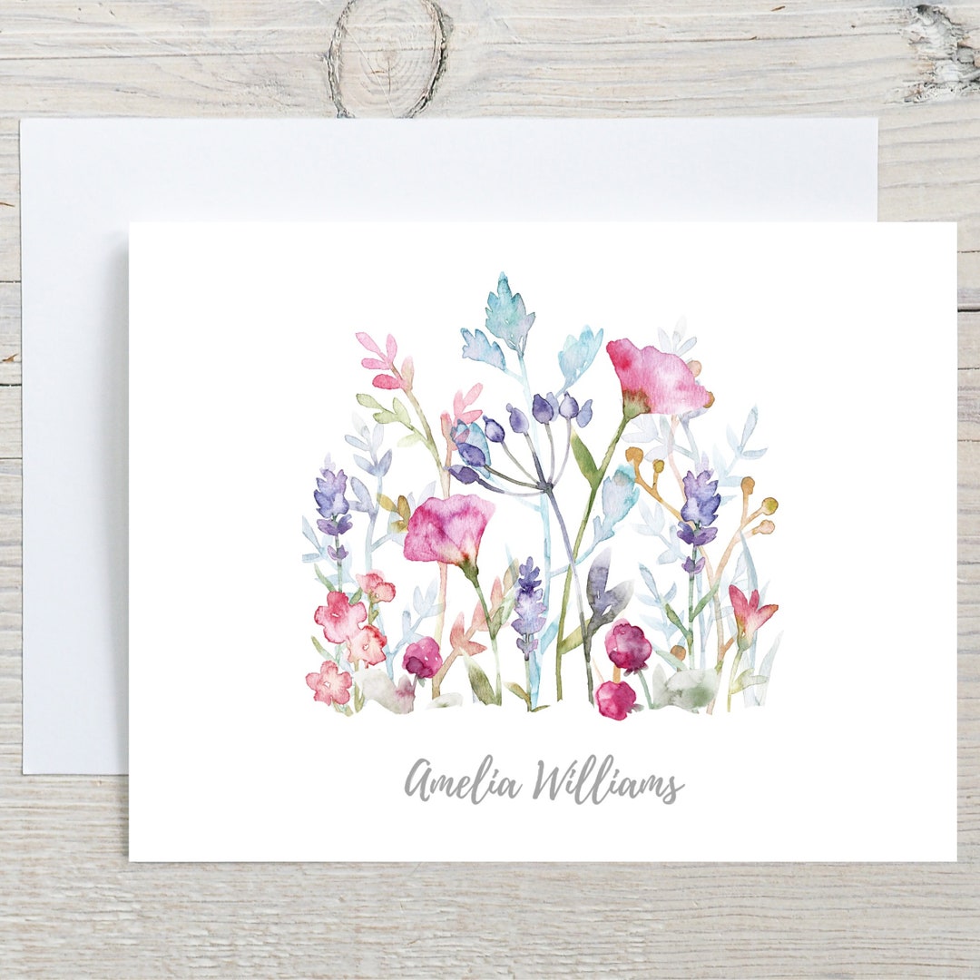 Wildflowers Personalized Note Cards, Watercolor Pastel Wild Flowers ...
