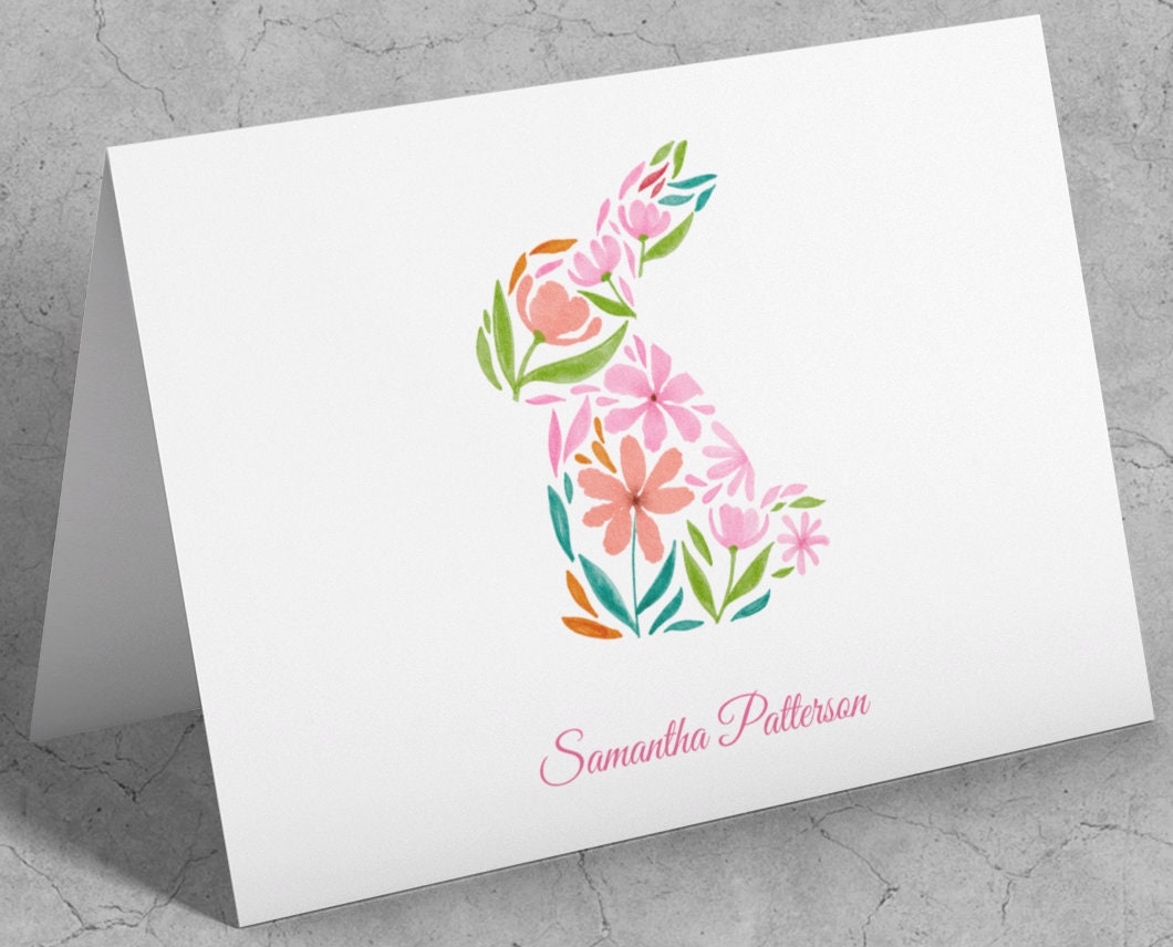 Bunny Rabbit Note Cards Stationary Sets, Personalized Floral Bunny ...
