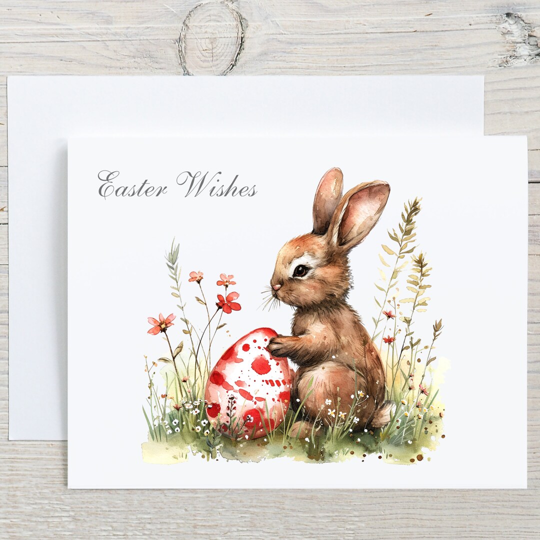 Easter Wishes Bunny, Watercolor Bunny Rabbit Easter Note Cards Set ...