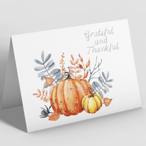 Grateful Thankful Autumn Note Cards With Watercolor Pumpkins and Fall ...