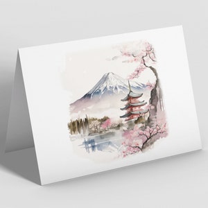 Japanese Watercolor Mt. Fuji Landscape, Note Cards Set, Cherry Blossoms ...
