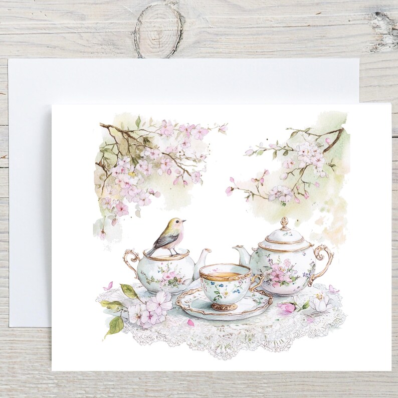 Vintage Tea Set Note Cards, Cherry Blossom Stationery for Her ...