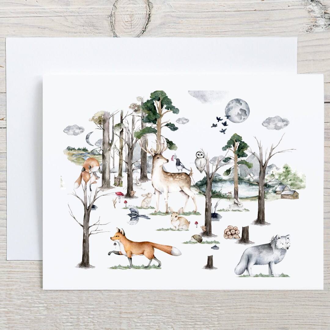 Woodland Animals Note Cards, Watercolor Wildlife Collage Stationary ...