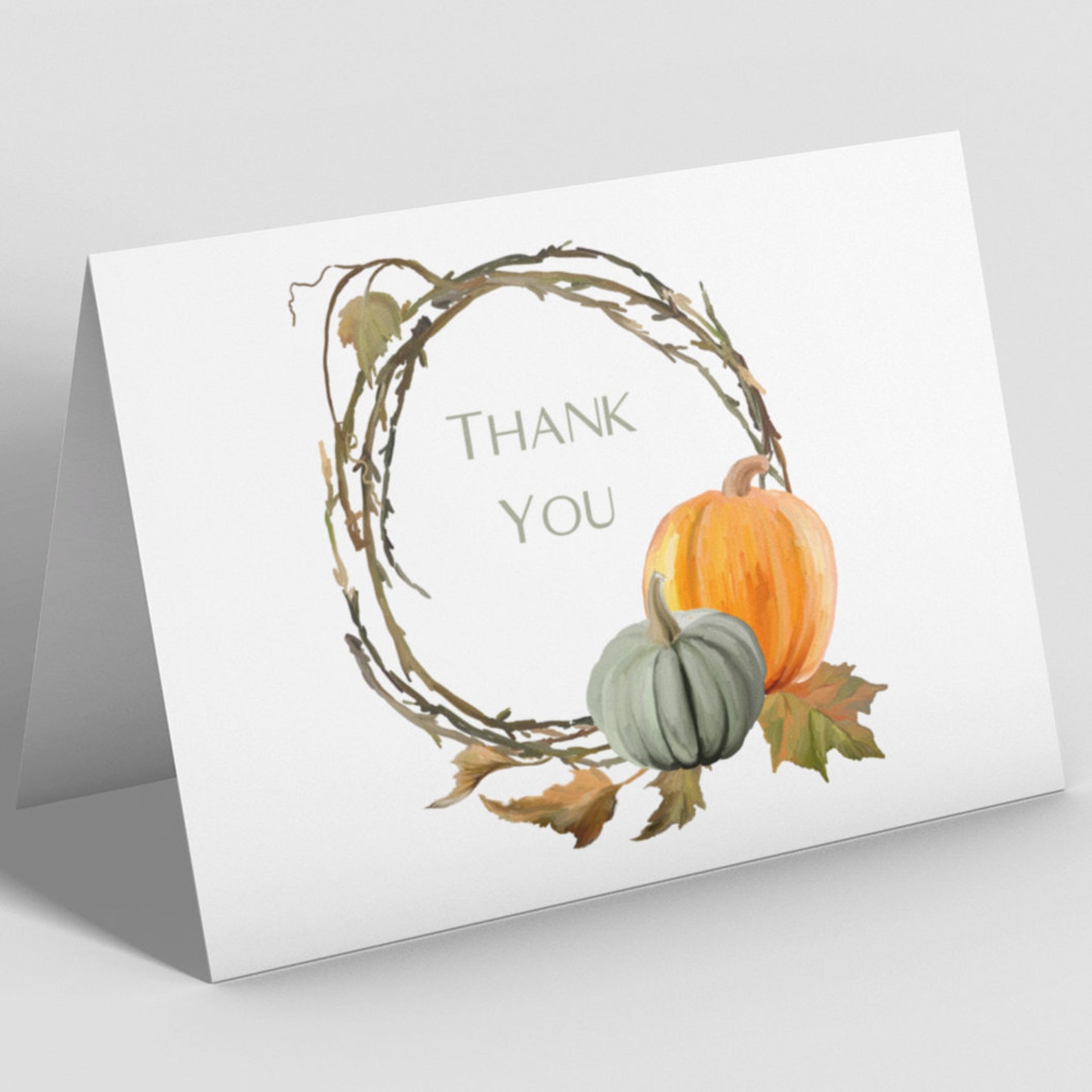Autumn Custom Thank You Cards, Harvest Pumpkins Vine Wreath Fall Leaves ...