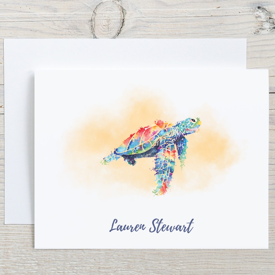 Watercolor Sea Turtle Note Cards Sets, Personalized Folded Notecards ...
