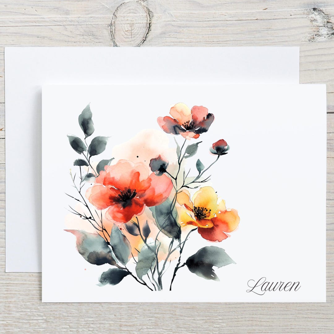 Personalized Flowers Note Cards, Watercolor Floral Stationery for Her ...