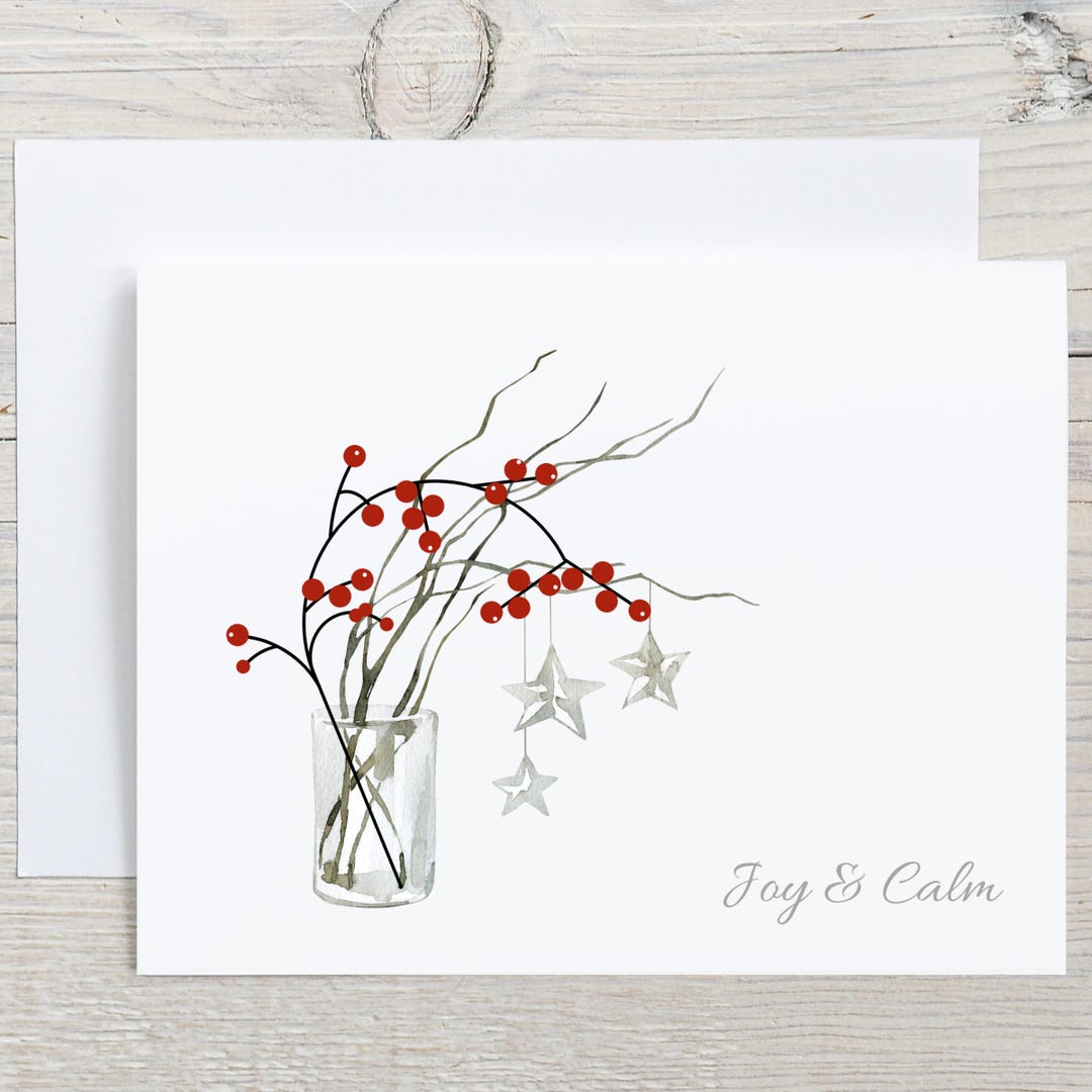 Personalized Christmas Greeting Cards, Watercolor Stars Red Berries ...