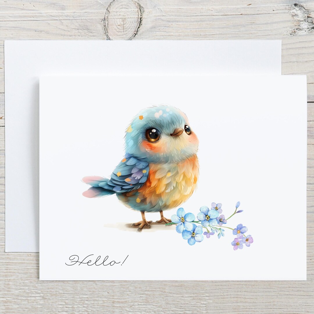 Whimsical Robin + Forget Me Not Flowers Note Cards, Personalized ...