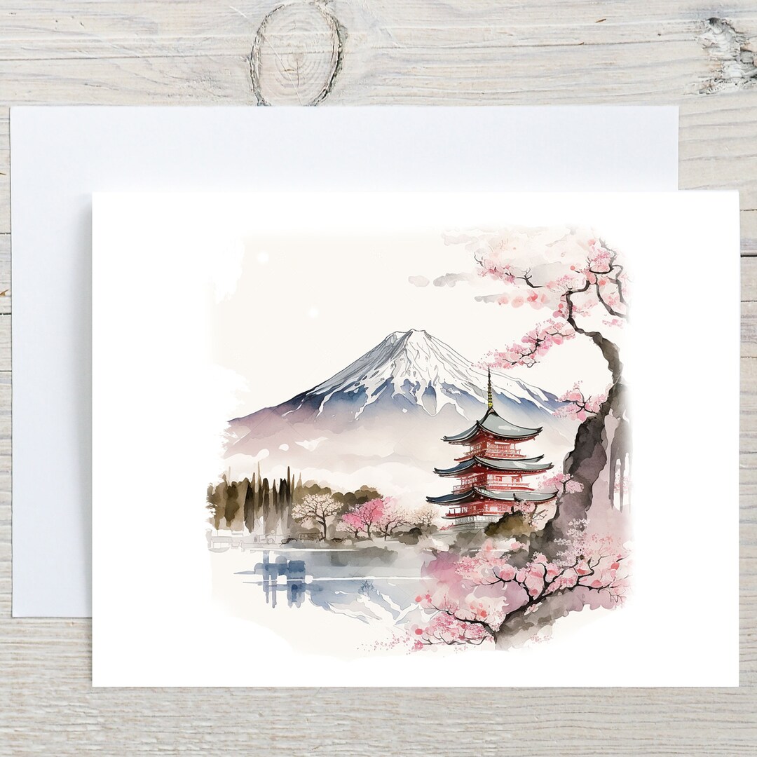 Japanese Watercolor Mt. Fuji Landscape, Note Cards Set, Cherry Blossoms ...