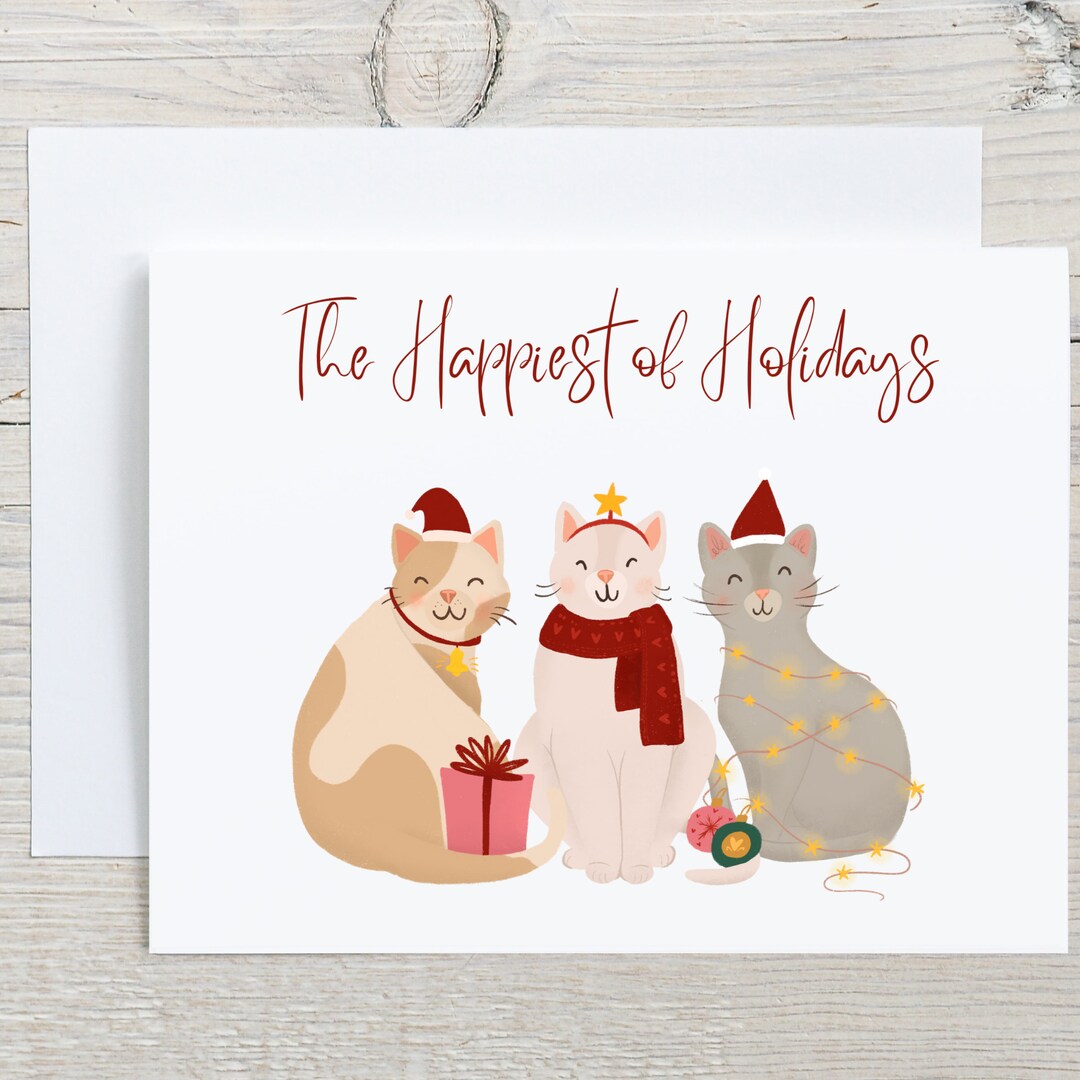 3 Cute Cats Christmas Cards, Cat Felines Holiday Note Cards, Fun Cat ...