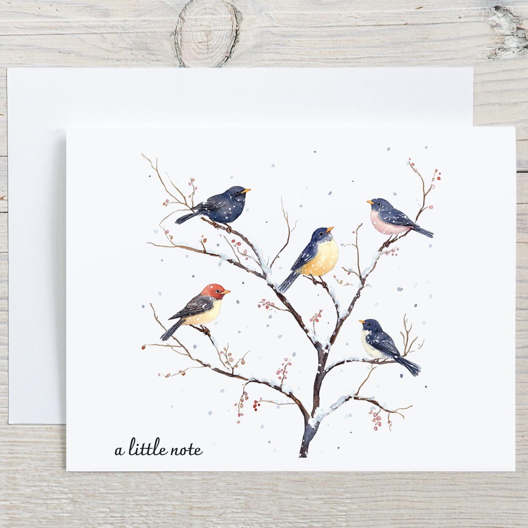 Winter Birds Note Cards, Watercolor Red Berries & Snowy Tree Custom ...