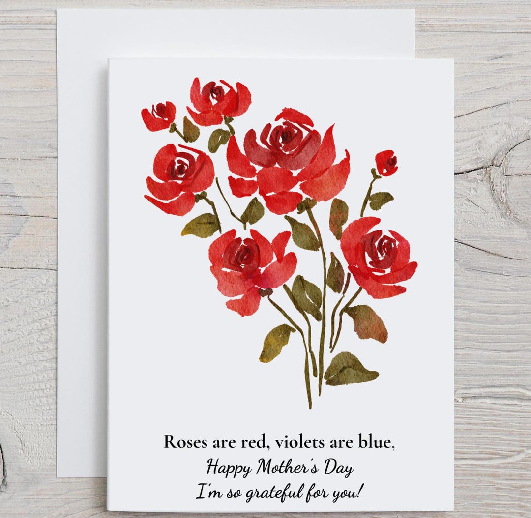 Red Roses Mothers Day Card, Watercolor Floral Greeting Card for Mom ...