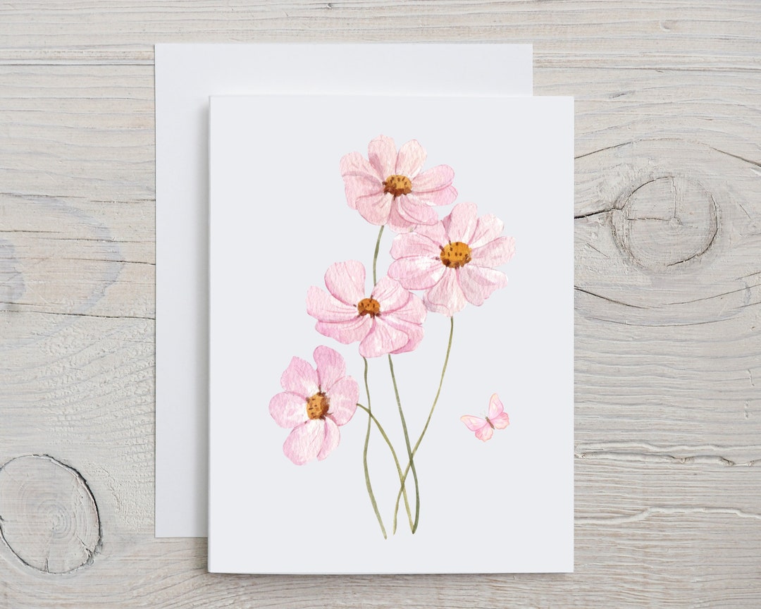 Custom Pink Flowers Butterfly Blank Greeting Cards, Personalized Summer ...