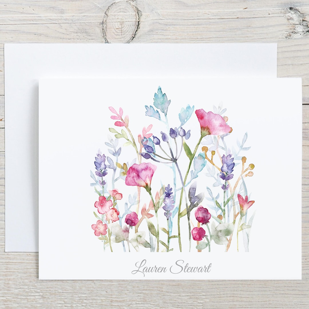 Wildflowers Personalized Note Cards, Watercolor Garden Flowers ...