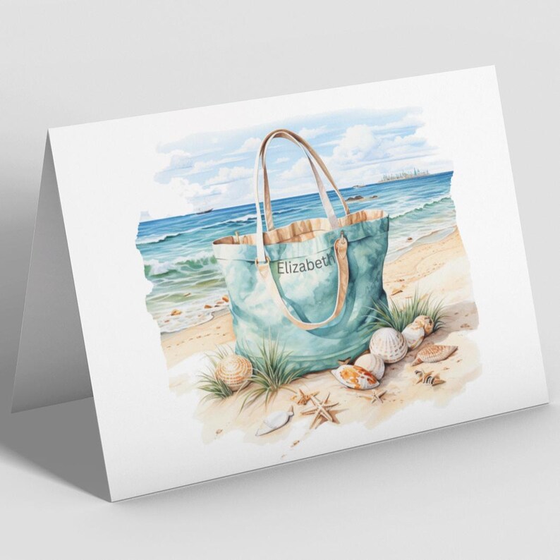 Ocean Beach Personalized Note Cards, Watercolor Tote Bag Custom ...
