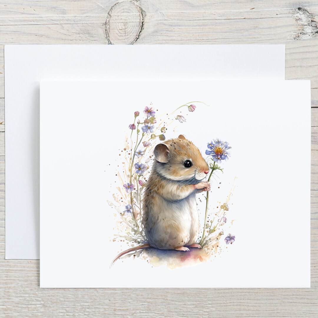 Watercolor Mouse Note Cards Set, Cute Field Mouse With Flowers, Blank ...