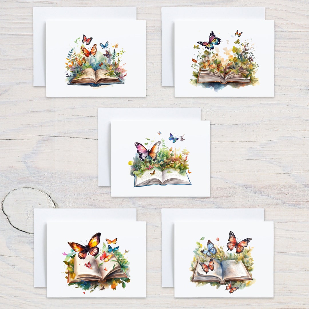 Butterflies Flowers Book Note Cards Sets, Set of 10 Folded Notecards ...