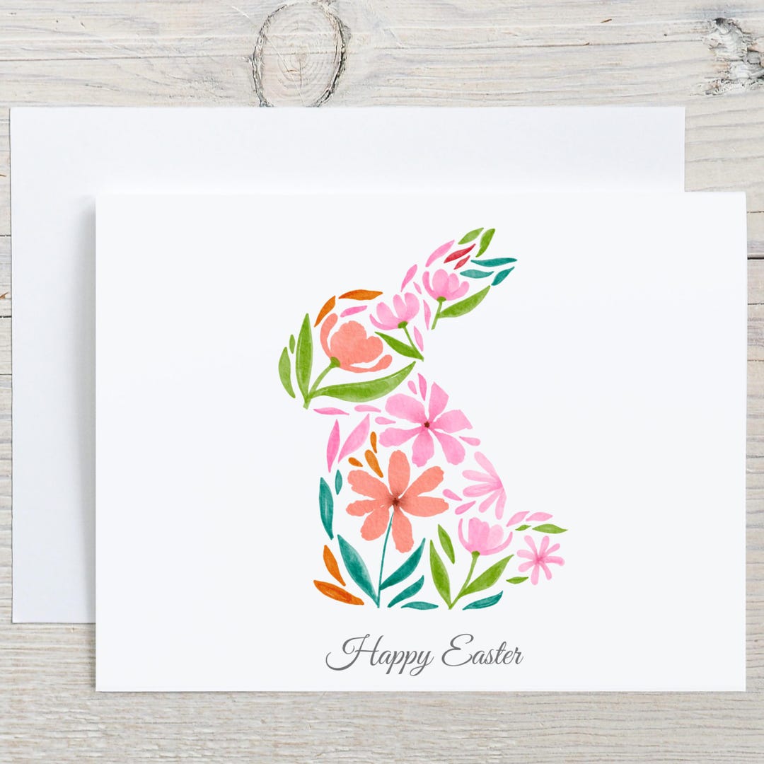 Personalized Floral Bunny Easter Card, Watercolor Rabbit Note Card With ...