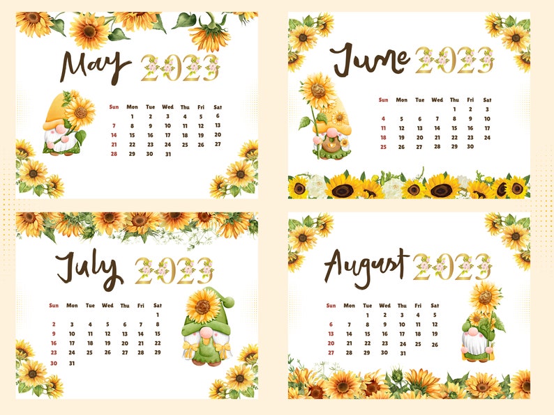 2023 Printable Monthly Calendar Sunflowers and Gnomes - Etsy