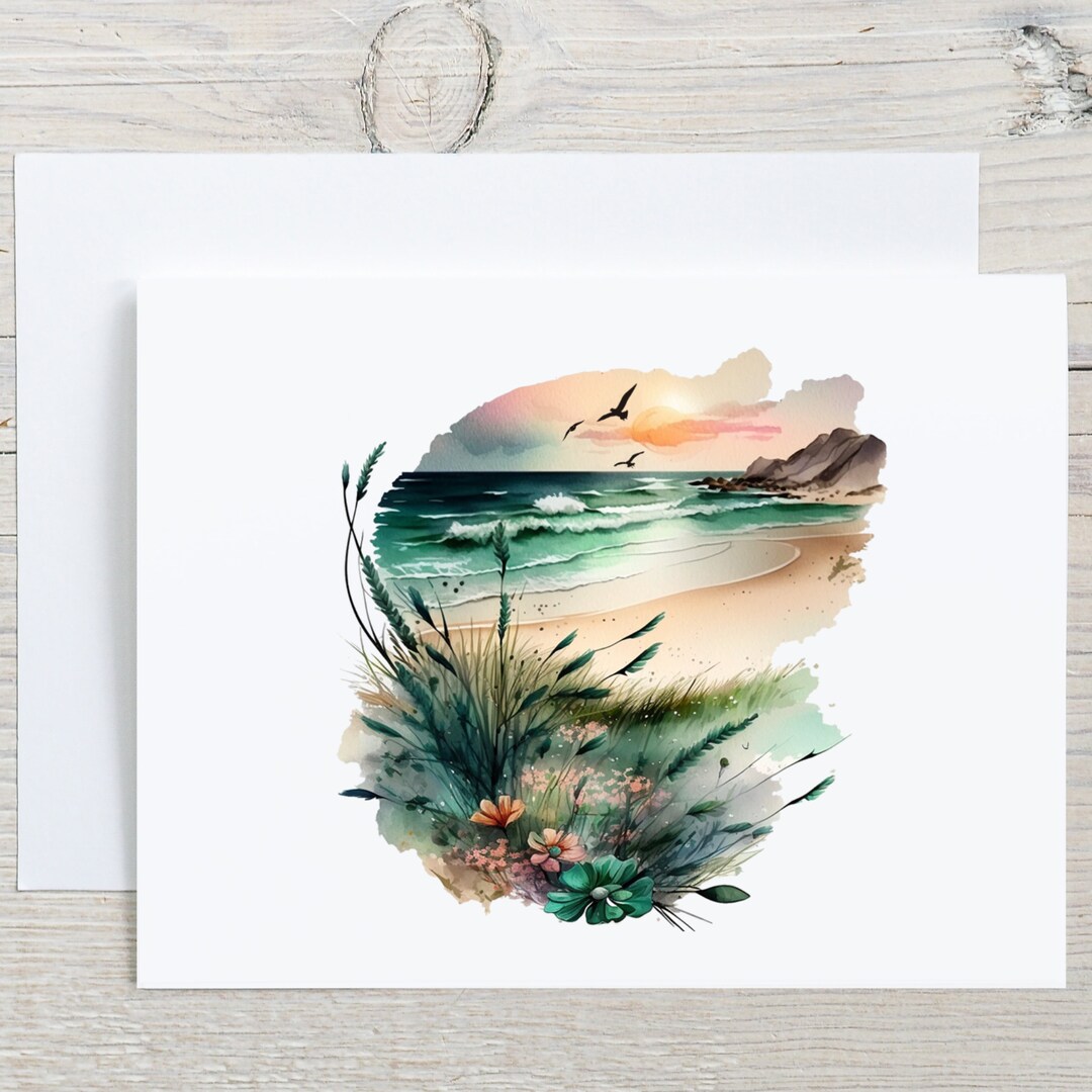 Custom Beach Sunset Watercolor Note Cards, Personalized Stationary Set ...
