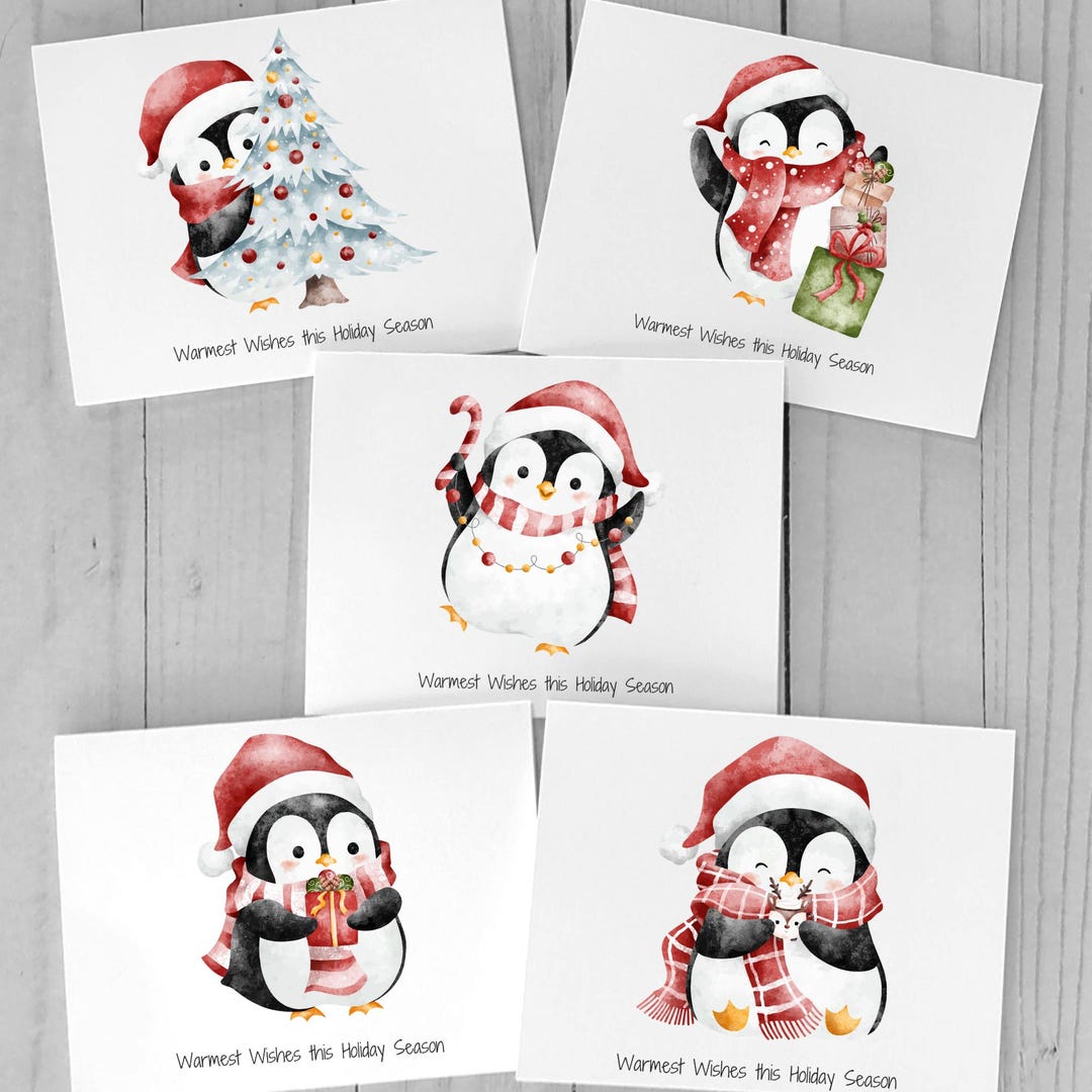 Cute Christmas Penguins Blank Greeting Cards, Watercolor Note Cards ...