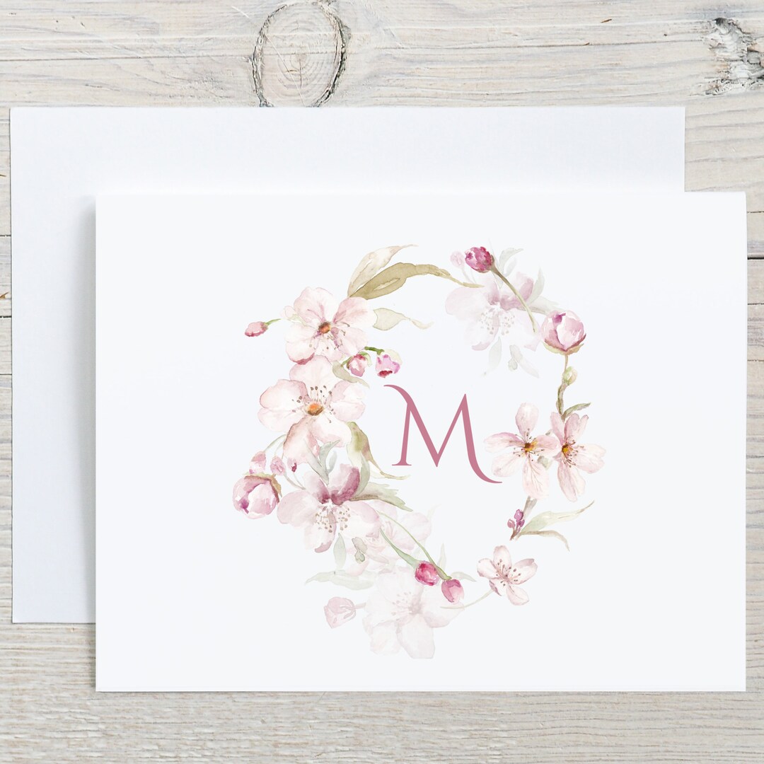 Monogram Cherry Blossoms Wreath Note Cards, Personalized Folded ...
