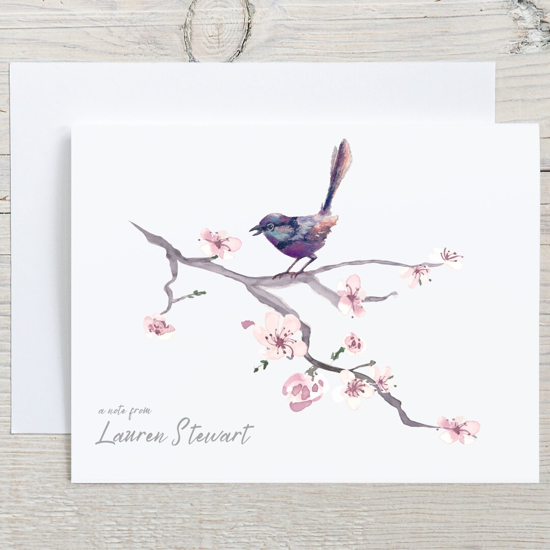 Wren Bird Personalized Folded Note Cards, Watercolor Bird, Cherry ...