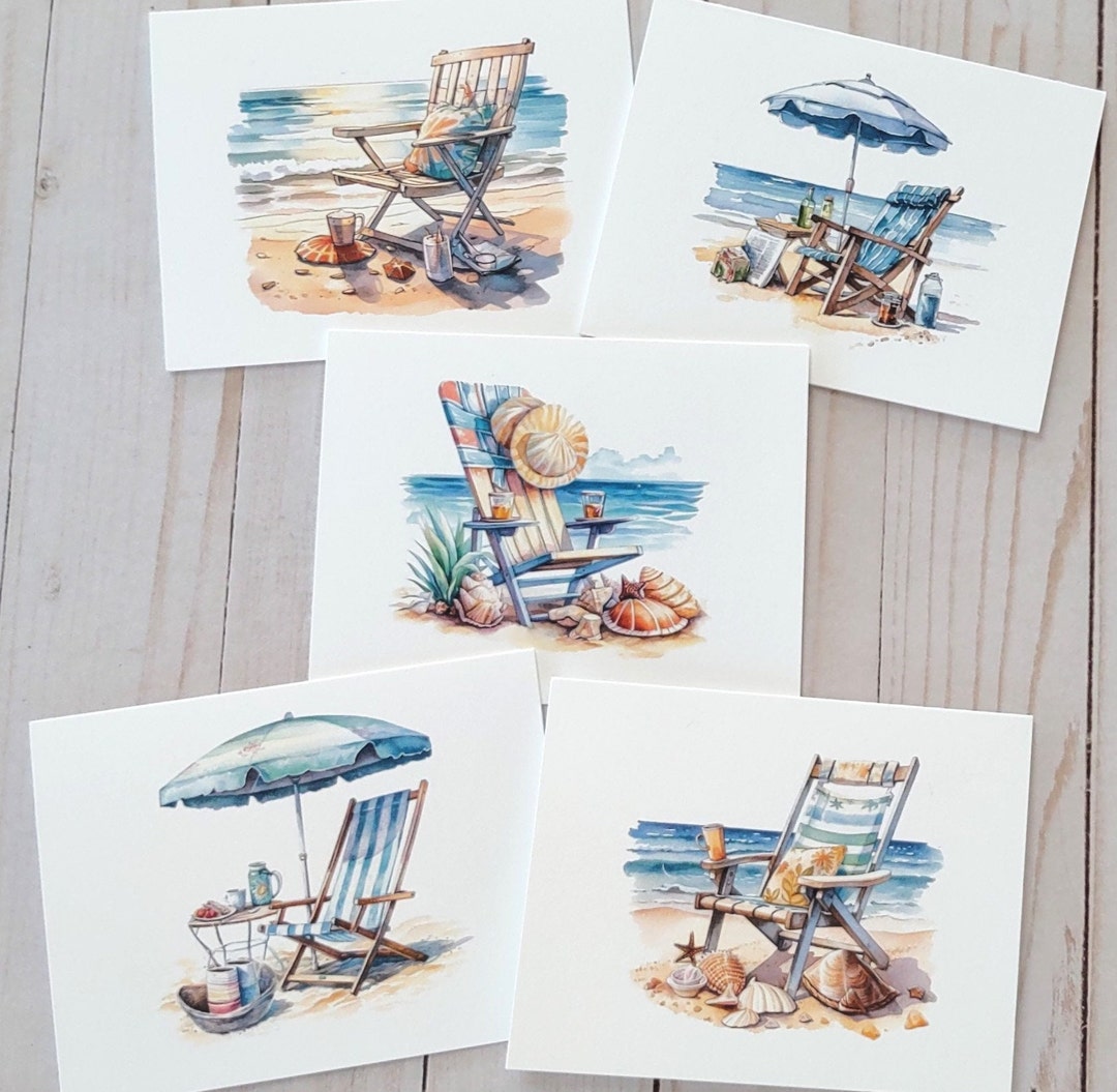 Beach Chairs Note Cards Set, Watercolor Ocean Theme Stationary, Coastal ...
