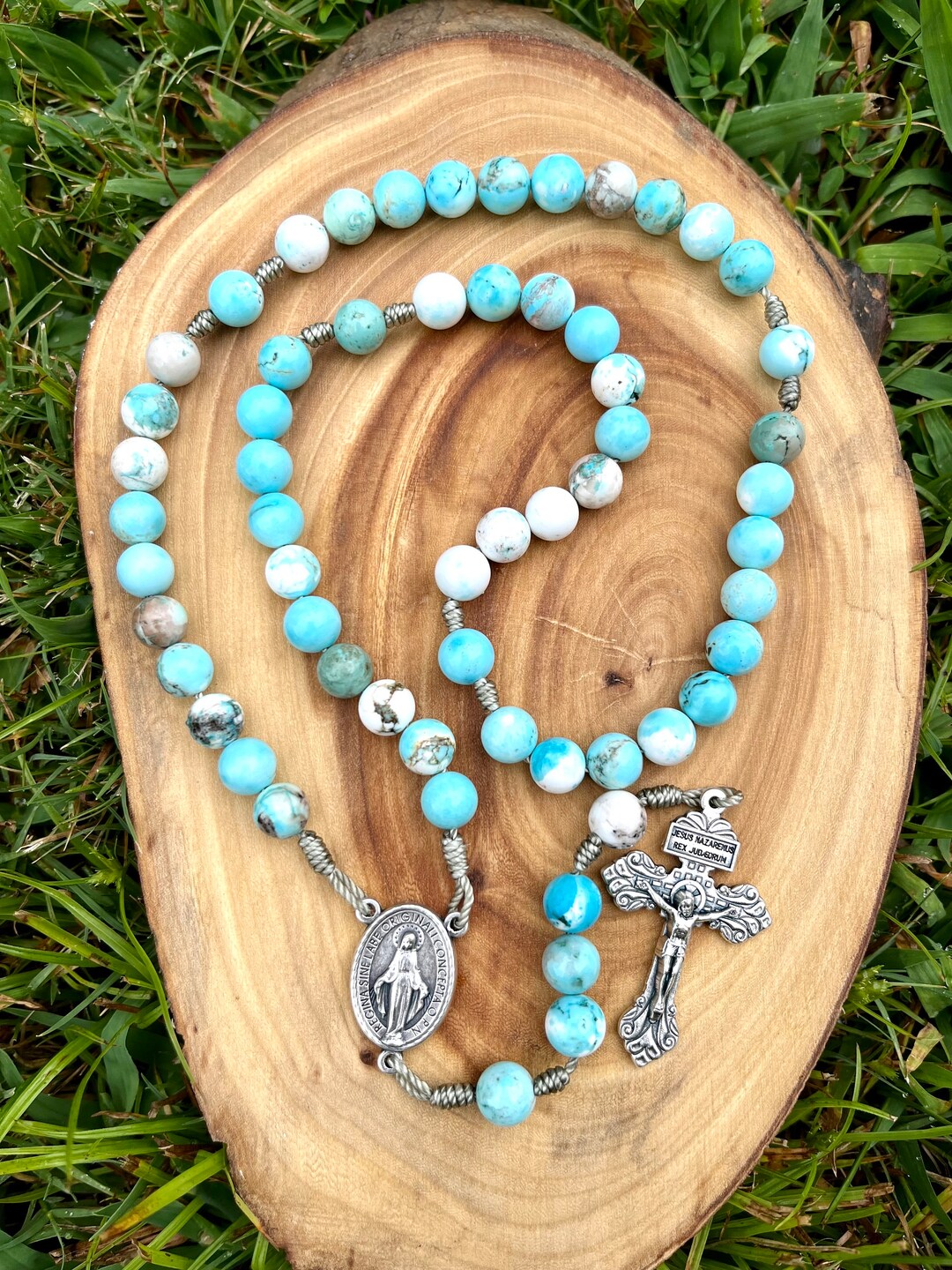 Stone Catholic Corded Rosary, Light Blue Howlite, Miraculous Medal ...