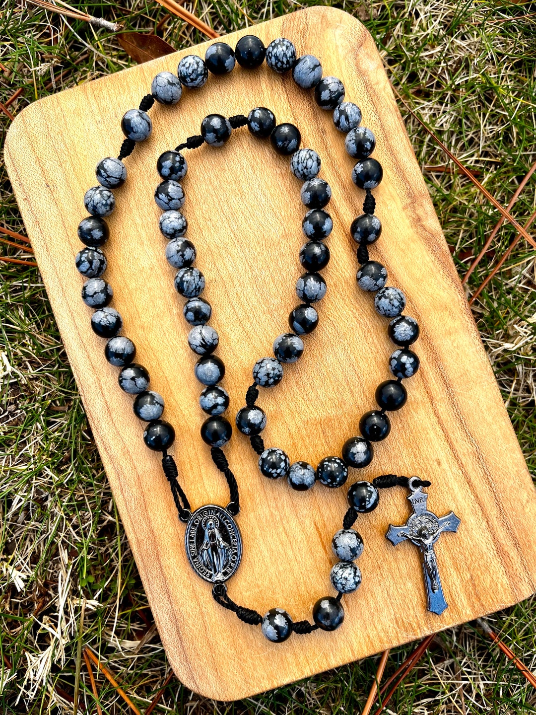 Catholic Stone Corded Rosary, Snowflake Obsidian, Miraculous Medal ...