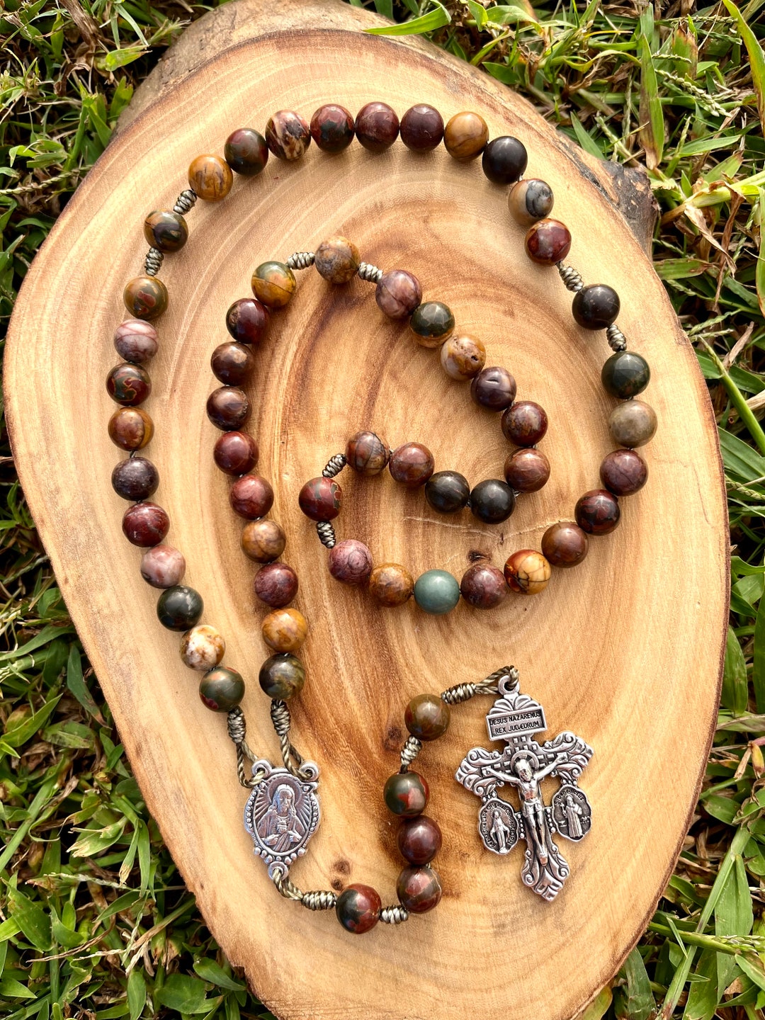 Catholic Stone Corded Rosary, Picasso Jasper, Sacred Heart, Pardon ...
