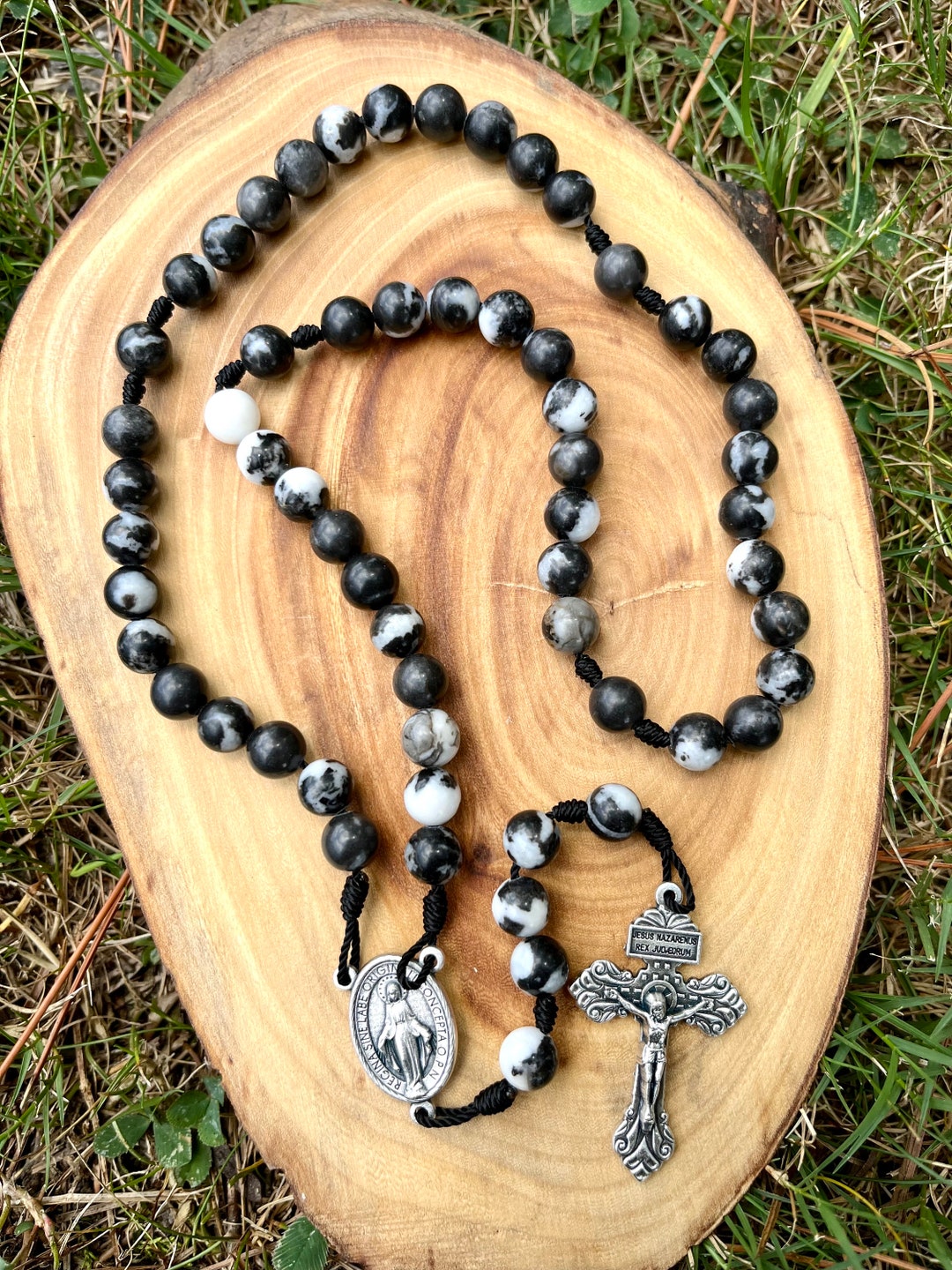 Stone Catholic Corded Rosary, Zebra Jasper, Miraculous Medal, Pardon ...