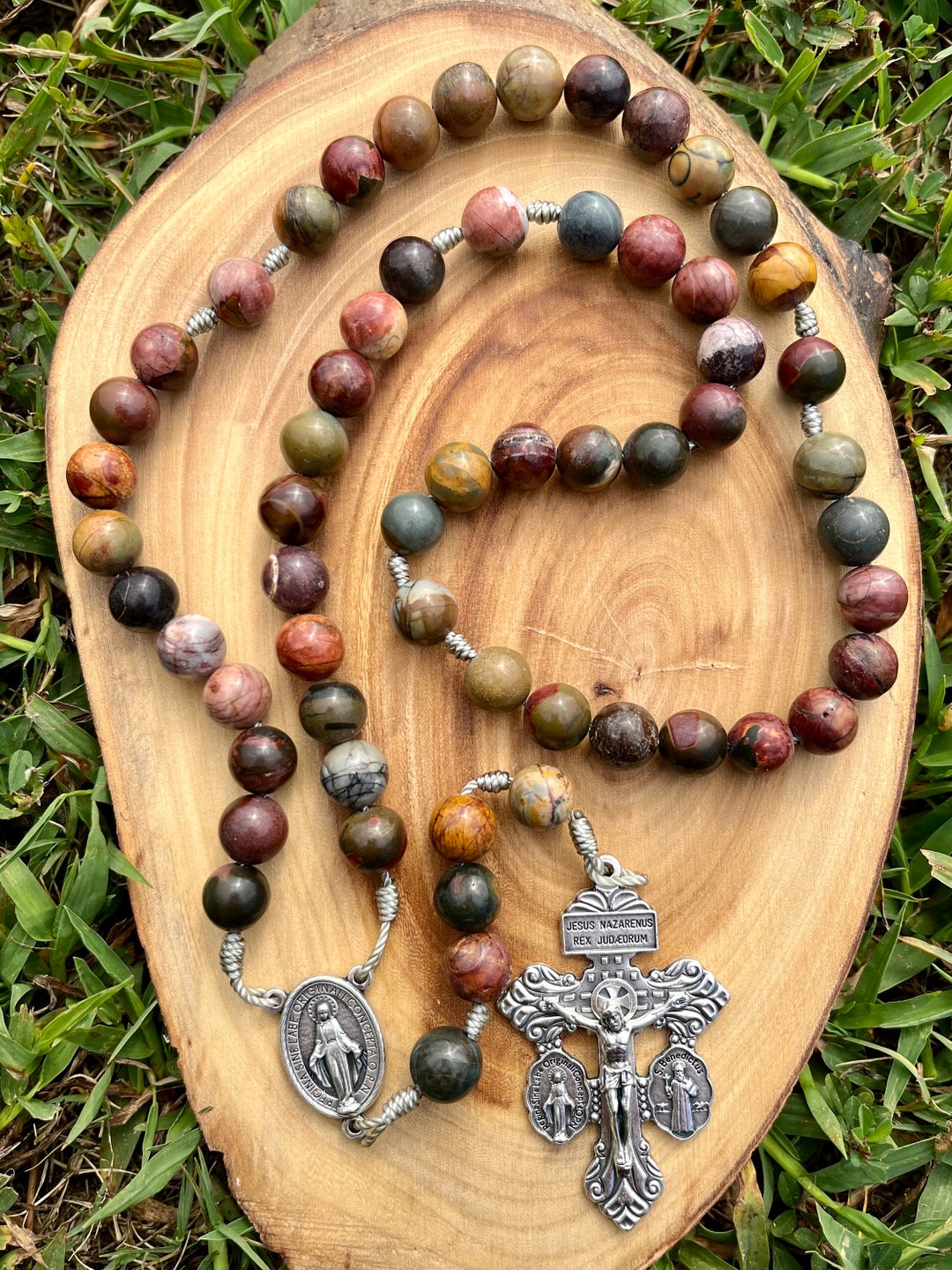 Catholic Stone Corded Rosary, Large, Picasso Jasper, Miraculous Medal ...
