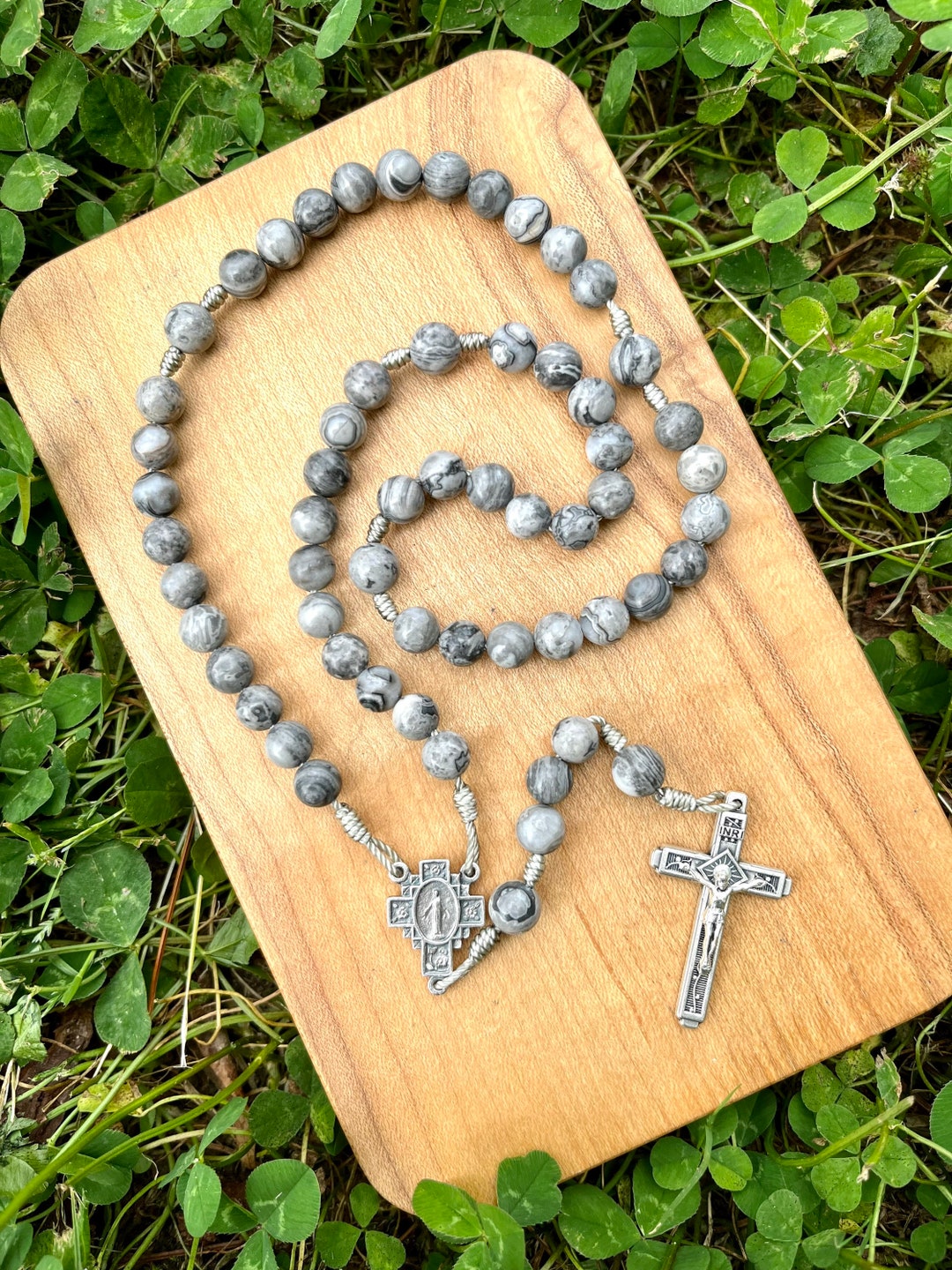Stone Catholic Corded Rosary, Grey Map Stone, Miraculous Medal ...