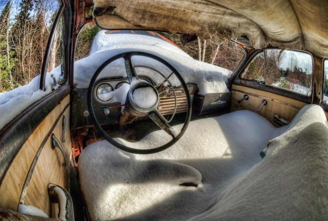 Interior of Snow Filled Abandoned Vintage Classic 50's Sedan Rusts Away ...