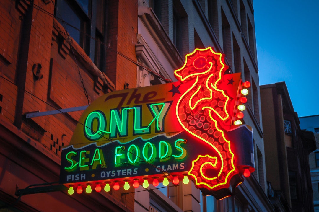 Famous Neon Only Seafood Sign in Vancouver BC, Canada, Vintage Neon ...