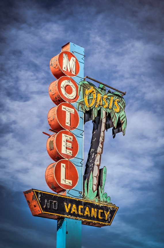 Aged Vintage Antique Oasis Motel Sign Against A Blue Cloudy | Etsy