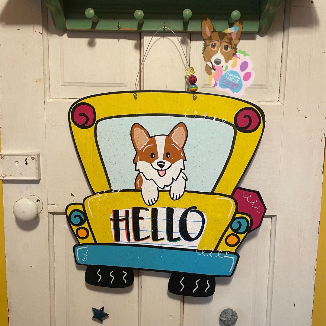 Corgi School Bus Door Hanger, Corgi Porch Decor, Corgi Wreath for Front ...