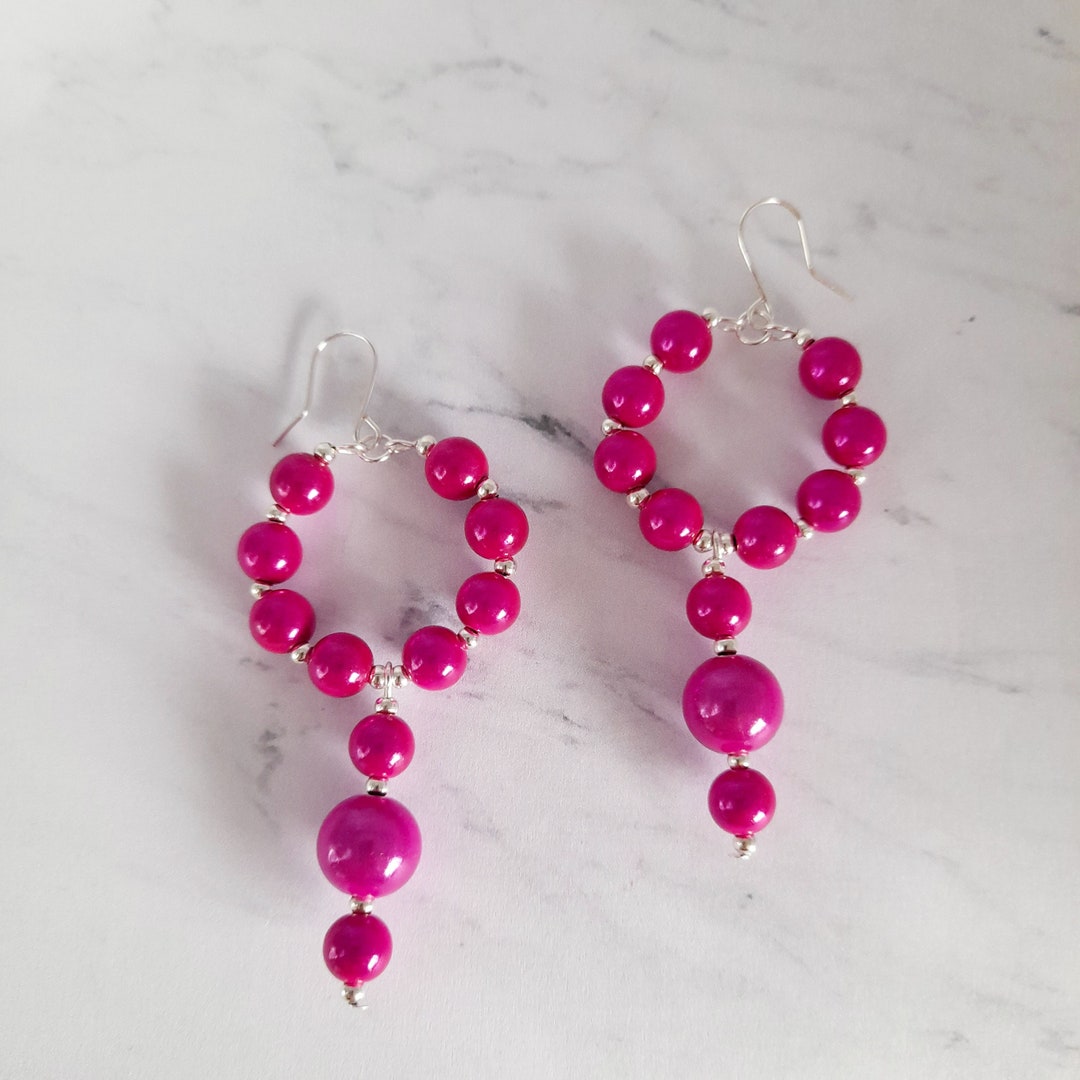 Handmade Hot Pink Hoop Earrings, Handmade Bright Pink Earrings, Pink ...