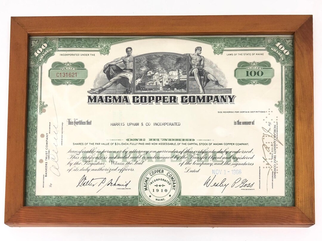 Magma Copper Company Stock Certificate Framework 1966 AUC3553 - Etsy
