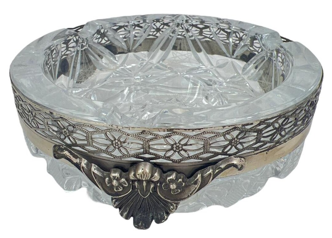 Vintage Glass Ashtray With Metal Decorations AUC6109 - Etsy