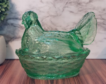 Green Vaseline Glass Hen on Nest Chicken Covered Candy Dish - Etsy