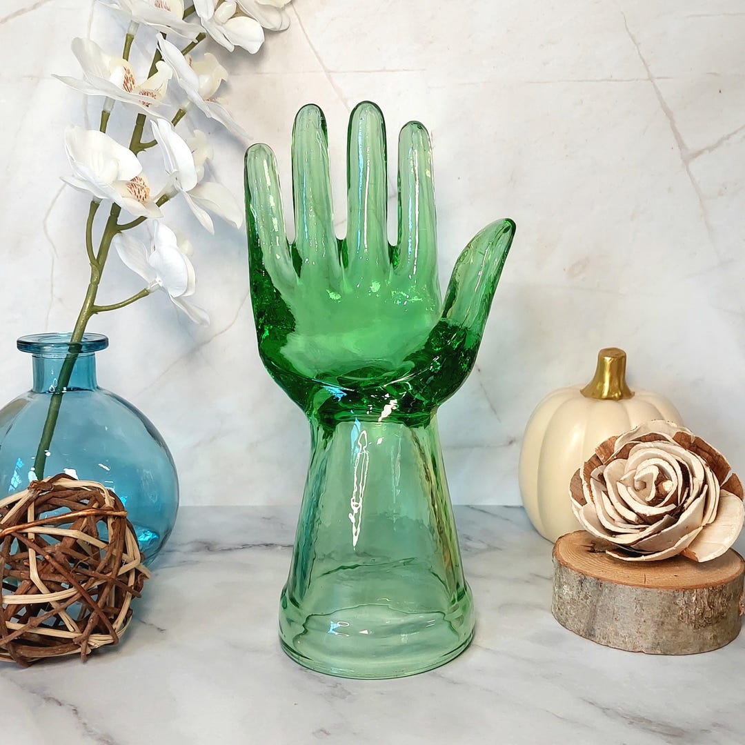 Green Depression Style Glass Hand Jewelry Ring Holder - Vintage Style ...