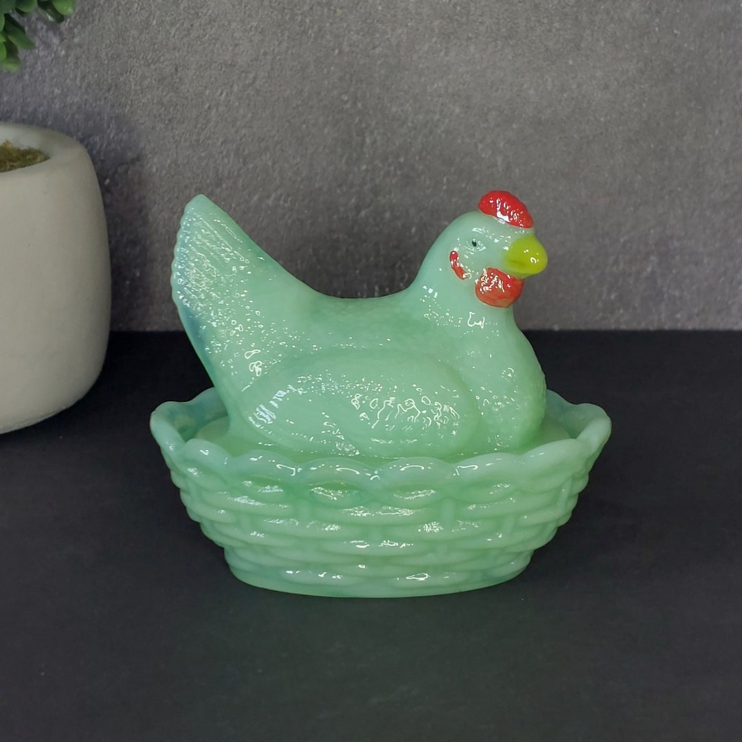 Jadeite Green Hen on Nest Depression Style Glass Chicken Covered Candy ...
