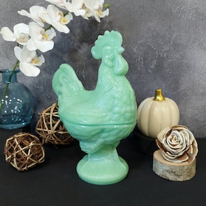 Jadeite Depression Style Glass Rooster Chicken Covered Candy Dish With ...